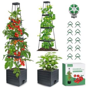 mqforu 2pack tomato planter boxes with trellis, 57" self-watering tomato planter for climbing vegetable and plants, raised tomato planter boxes for indoor outdoor patio greenhouse gardening