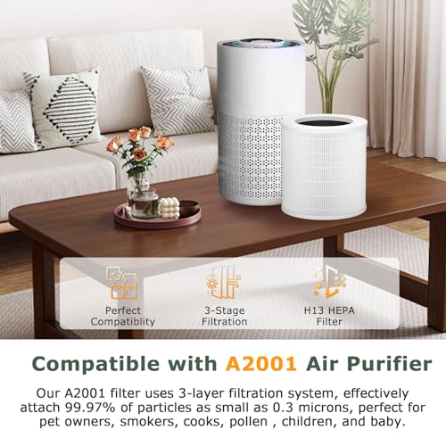 A2001 Replacement Filter Compatible with A2001 Air Purifie-r, 3-In-1 H13 True HEPA Activated Carbon Filter, Compared to Part #AF-2001, 2 Pack