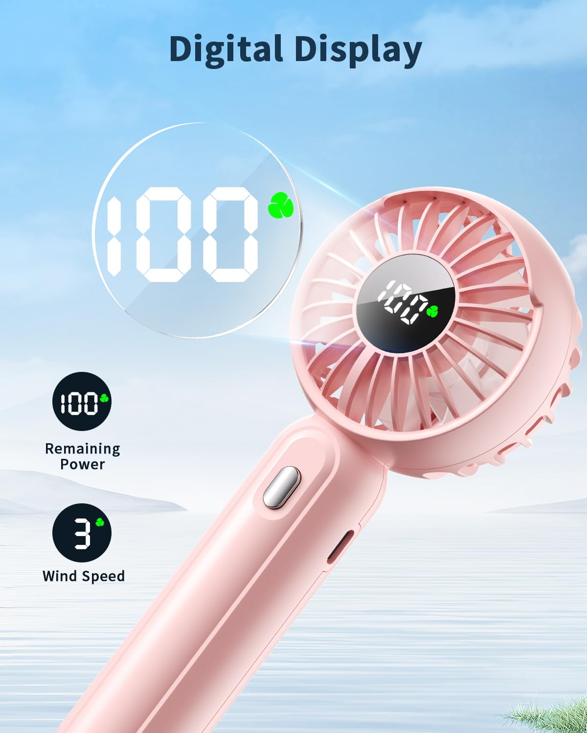 Handheld Fan with 𝗪𝗶𝗿𝗲𝗹𝗲𝘀𝘀 Charging Base, 3 Speeds Portable Fan with Digital Display, 2000mAh Battery Operated Hand Held Fan, Handheld/Desk 2 in 1 Personal Fan Lash Fan Makeup Fan (Pink)