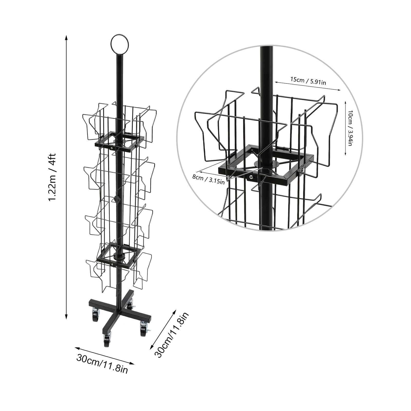 NeNchengLi 16 Pockets Rotating Greeting Card Rack Display Stand Spinning 4 Tiered Metal Floor Standing Pockets Greeting Card Display Rack For Sticker, Brochure, Postcard