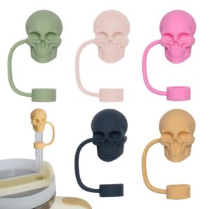 tdtok 5pcs cute skull straw toppers, well made skull shape silicone stanley straw cover fit 10mm straw dust proof reusable stanley cup straw cover