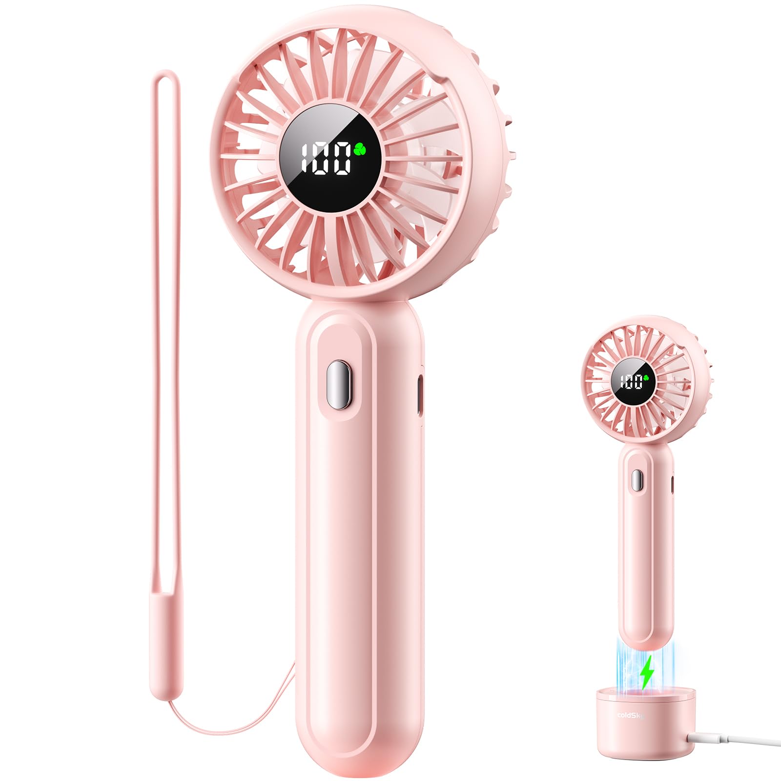 Handheld Fan with 𝗪𝗶𝗿𝗲𝗹𝗲𝘀𝘀 Charging Base, 3 Speeds Portable Fan with Digital Display, 2000mAh Battery Operated Hand Held Fan, Handheld/Desk 2 in 1 Personal Fan Lash Fan Makeup Fan (Pink)