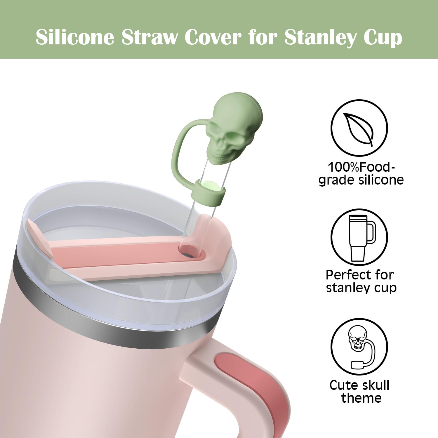 TDTOK 5Pcs Cute Skull Straw Toppers, Well Made Skull Shape Silicone Stanley Straw Cover Fit 10mm Straw Dust Proof Reusable Stanley Cup Straw Cover