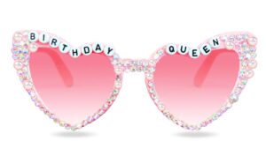 hokiis birthday glasses for women, birthday queen sunglasses pink heart shaped shiny bling diamond pearl sunglasses for girl happy birthday party gift supplies accessories favors