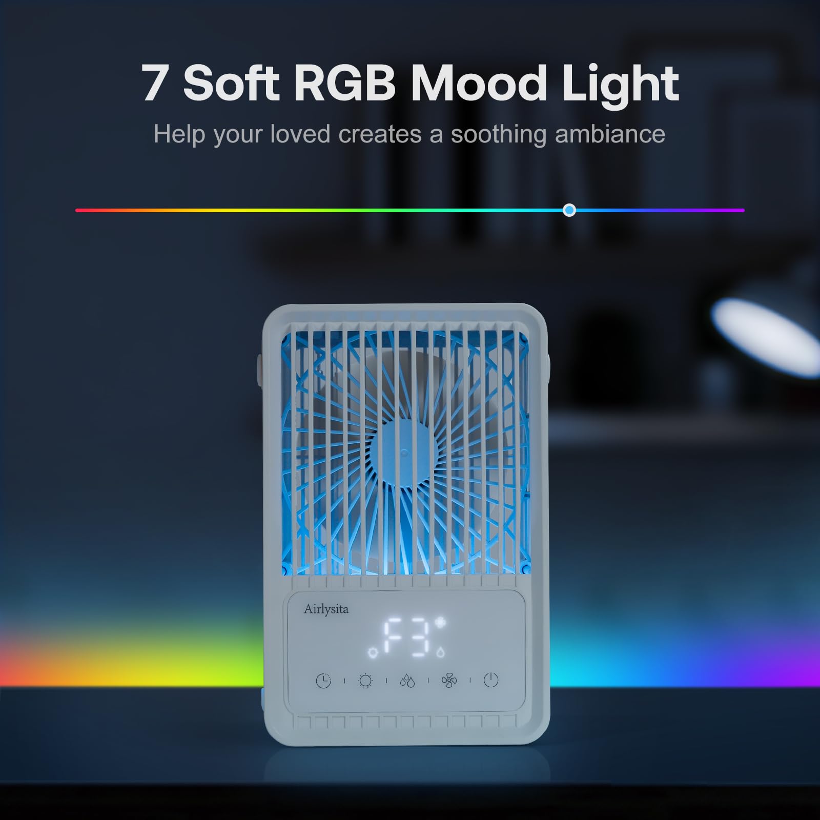 Portable Air Conditioners, Airlysita Evaporative Air Cooler with LCD Screen, Fan Speed&Spray, 7 RGB Lights,USB Powered,1-8H Timer, Personal Air Conditioners, Portable Air Conditioners for Home Office