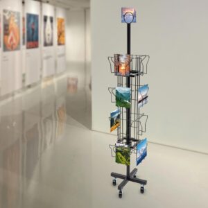 NeNchengLi 16 Pockets Rotating Greeting Card Rack Display Stand Spinning 4 Tiered Metal Floor Standing Pockets Greeting Card Display Rack For Sticker, Brochure, Postcard