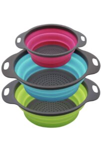 set of 3 niklye ultimate kitchen strainers includes 1-10 inch & 2-12 inch. collapsible silicone colanders for easy storage - use with pasta & veggies or as a fruit or berry bowl with strainer., large