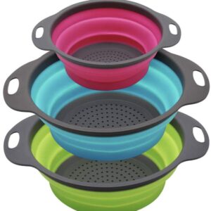 Set of 3 Niklye Ultimate Kitchen Strainers includes 1-10 inch & 2-12 inch. Collapsible Silicone Colanders For Easy Storage - Use with Pasta & Veggies or as a Fruit or Berry Bowl with Strainer., large