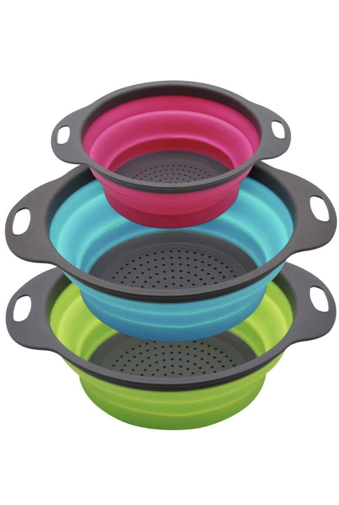 Set of 3 Niklye Ultimate Kitchen Strainers includes 1-10 inch & 2-12 inch. Collapsible Silicone Colanders For Easy Storage - Use with Pasta & Veggies or as a Fruit or Berry Bowl with Strainer., large