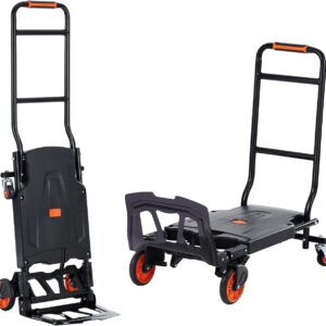 VEVOR Aluminum Folding Hand Truck, 2 in 1 Design 300 Lbs Capacity, Heavy Duty Industrial Collapsible cart, Dolly Cart with Rubber Wheels for Transport and Moving in Warehouse, Supermarket, Garden