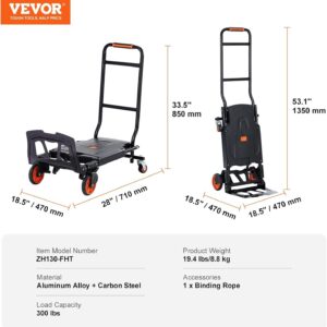 VEVOR Aluminum Folding Hand Truck, 2 in 1 Design 300 Lbs Capacity, Heavy Duty Industrial Collapsible cart, Dolly Cart with Rubber Wheels for Transport and Moving in Warehouse, Supermarket, Garden