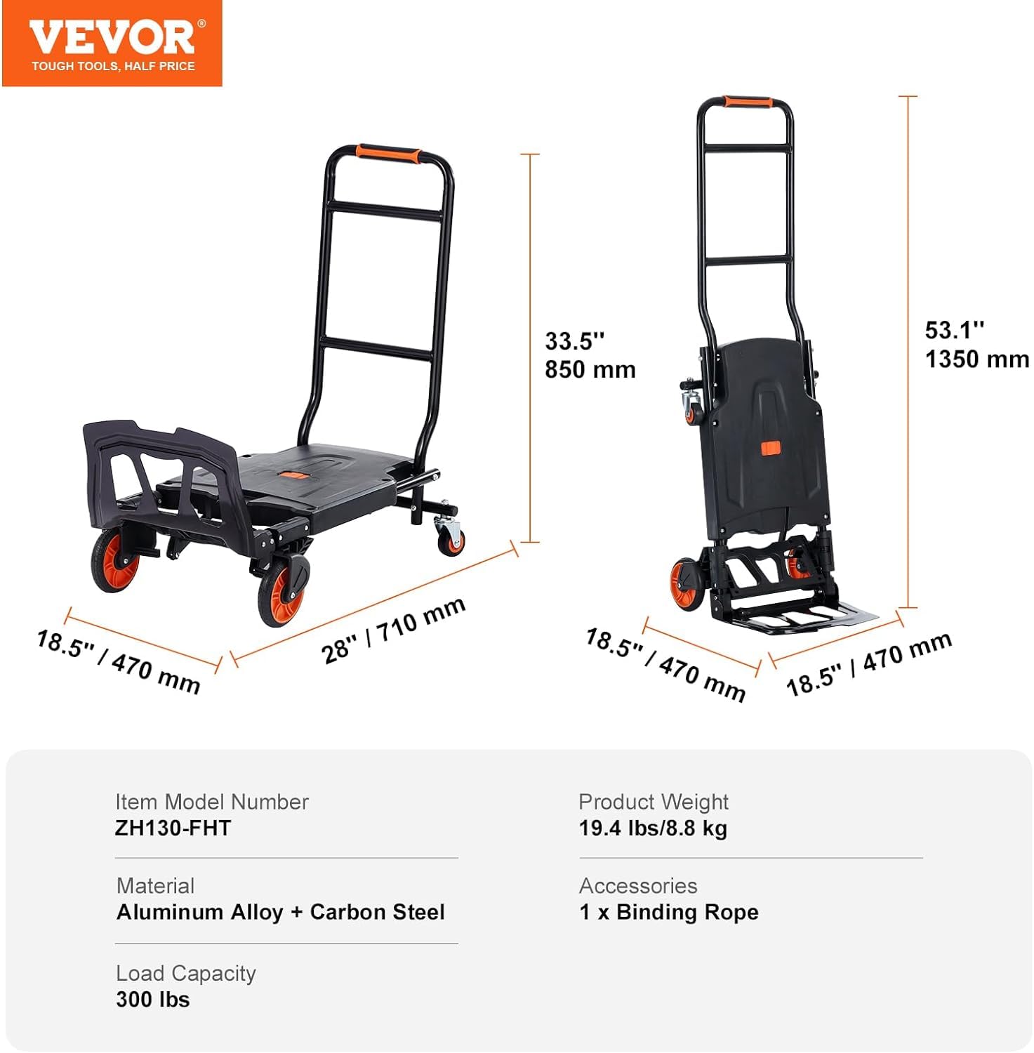 VEVOR Aluminum Folding Hand Truck, 2 in 1 Design 300 Lbs Capacity, Heavy Duty Industrial Collapsible cart, Dolly Cart with Rubber Wheels for Transport and Moving in Warehouse, Supermarket, Garden