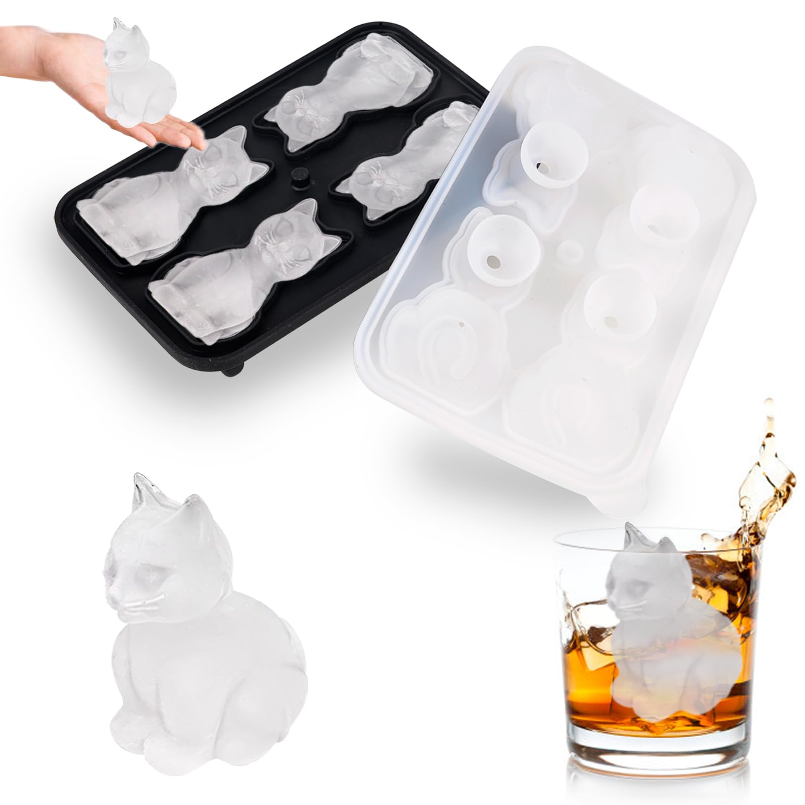 Cat Ice Cube Tray Mold - 3D Cat Shape Ice Cube Trays, Cute Ice Cube Molds for Whiskey Bourbon, 4-Hole Large Fun Shapes Ice Cube Trays, Funny Cat Gifts for Cat Lovers Women Men