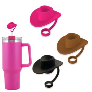 quviae 3 pack cowboy hat straw cover cap for stanley cup 30&40 oz 10mm cowgirl hat silicone straw topper protector lid with cute funny western kids accessories