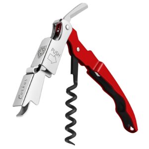 corkas wine key - professional handcrafted heavy duty waiter corkscrew, compact wine opener with double hinged, foil cutter and bottle opener, gifts for servers, sommelier, bartenders - red