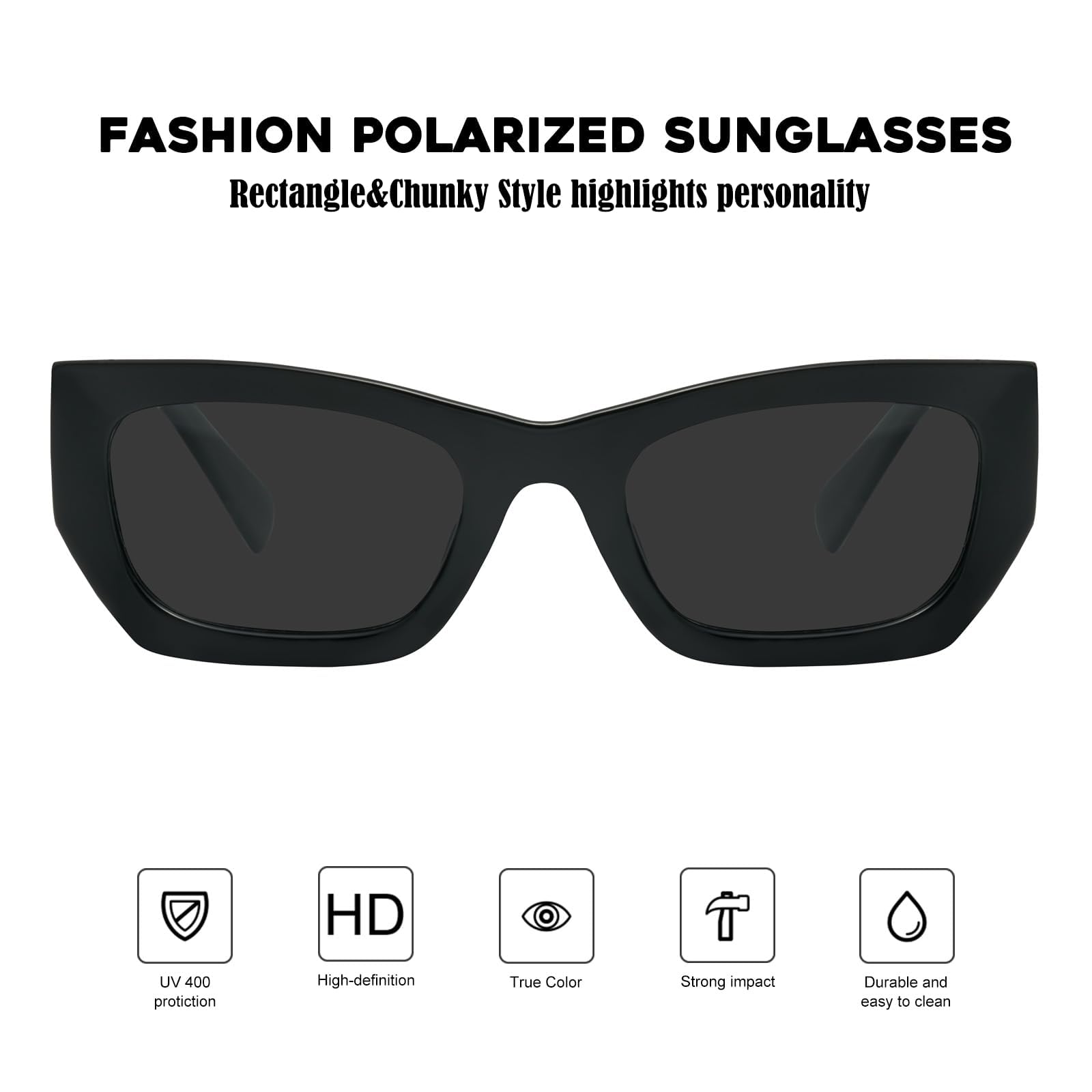 mosanana Trendy Cat Eye Sunglasses for Women Retro Designer Chunky Fashion Cool Vintage Cute Polarized Rectangular Cool Unique Stylish 2024 Shades Black MS52370