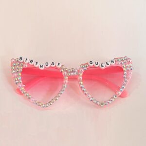 HokiiS Birthday Glasses for Women, Birthday Queen Sunglasses Pink Heart Shaped Shiny Bling Diamond Pearl Sunglasses for Girl Happy Birthday Party Gift Supplies Accessories Favors