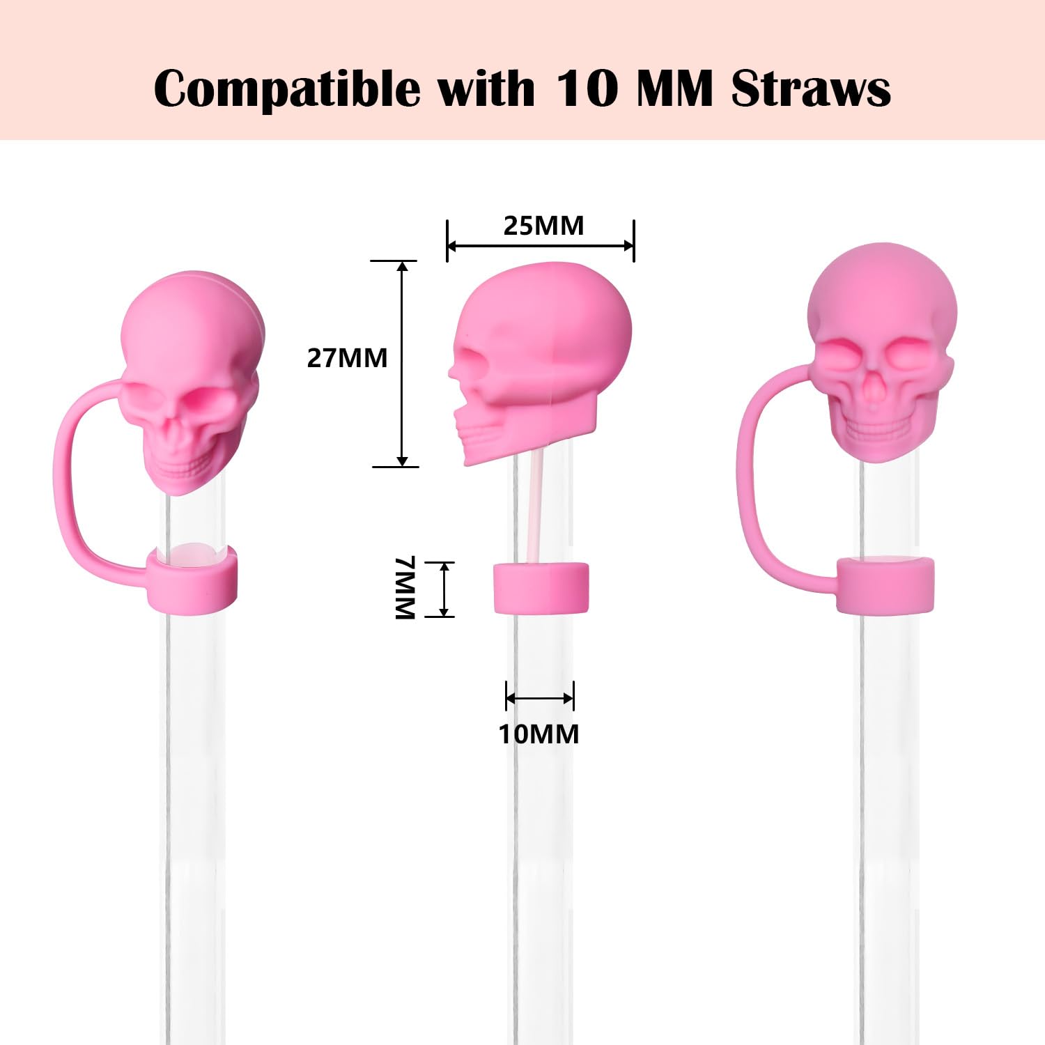 TDTOK 5Pcs Cute Skull Straw Toppers, Well Made Skull Shape Silicone Stanley Straw Cover Fit 10mm Straw Dust Proof Reusable Stanley Cup Straw Cover