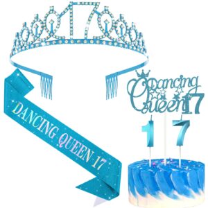 crowye 17th dancing queen gifts dancing queen 17 cake topper 17th tiara crown sash candles 17 birthday decorations for party accessories(blue)