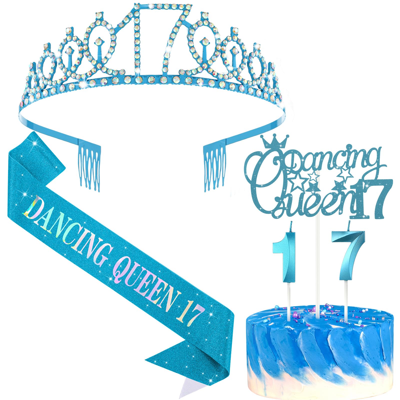 Crowye 17th Dancing Queen Gifts Dancing Queen 17 Cake Topper 17th Tiara Crown Sash Candles 17 Birthday Decorations for Party Accessories(Blue)