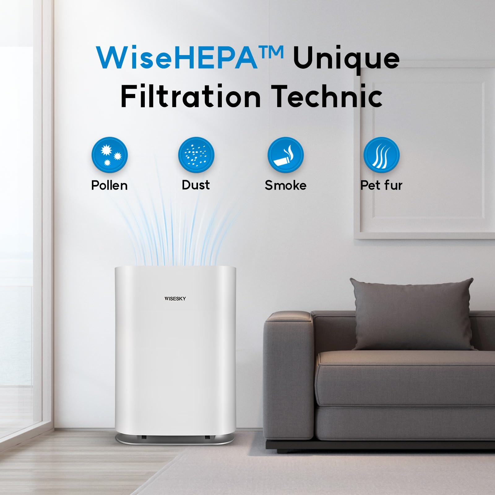 WISESKY HEPA Air Purifier for Home Covers 1728 sq. ft | WiseHEPA™ Filtration Removes Smoke, Dust, Odors | Smart Large Room Air Cleaner with 7-Speed Control | Quiet Sleep Mode, WS460A White