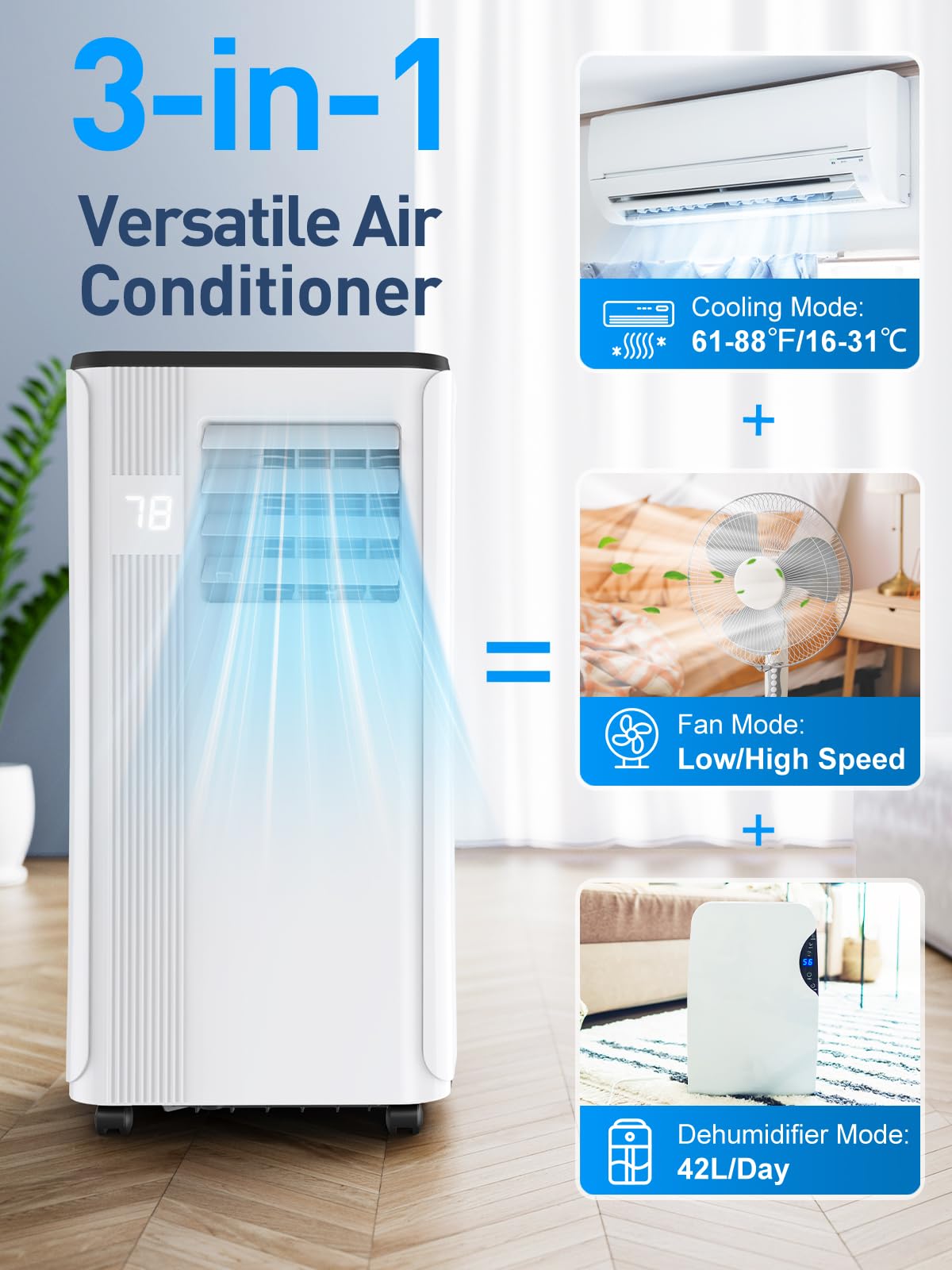 Portable Air Conditioners - 2024 Upgraded 10000 BTU Portable AC for Room up to 450 Sq. Ft, 3 in 1 AC Unit with 24H Timer, Smart Sleep Mode, Remote Control, Air Cooler for Bedroom Room Kitchen Camping