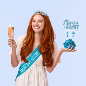 Crowye 17th Dancing Queen Gifts Dancing Queen 17 Cake Topper 17th Tiara Crown Sash Candles 17 Birthday Decorations for Party Accessories(Blue)