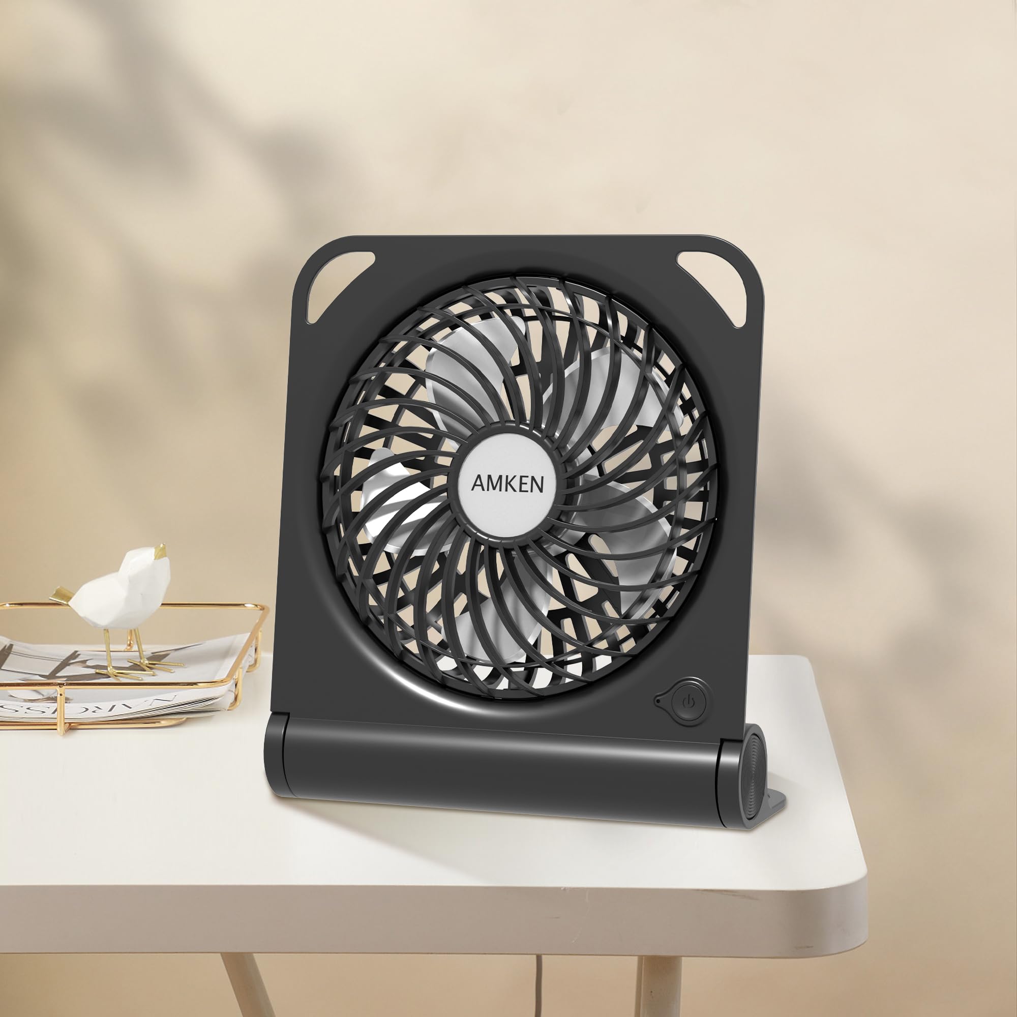 AMKEN Small Table Fans - 2000mAh USB Fan Desk Fan 4 Speeds Adjustable - 200° Tilt Folding Quiet Operation for Office Bedroom Home Desktop Camping