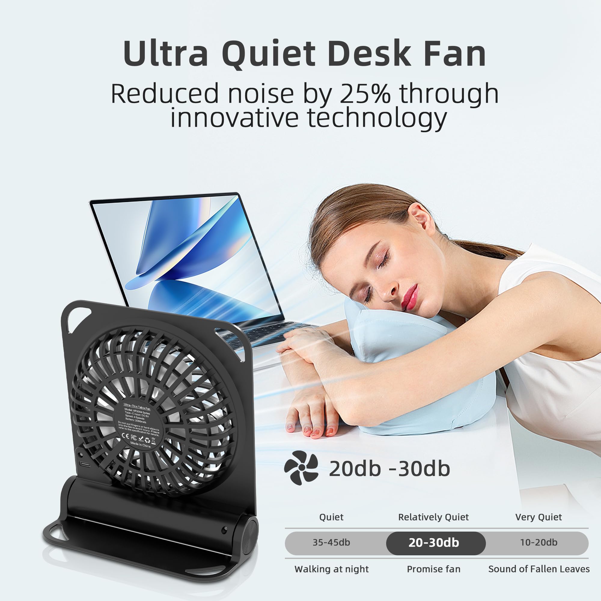 AMKEN Small Table Fans - 2000mAh USB Fan Desk Fan 4 Speeds Adjustable - 200° Tilt Folding Quiet Operation for Office Bedroom Home Desktop Camping