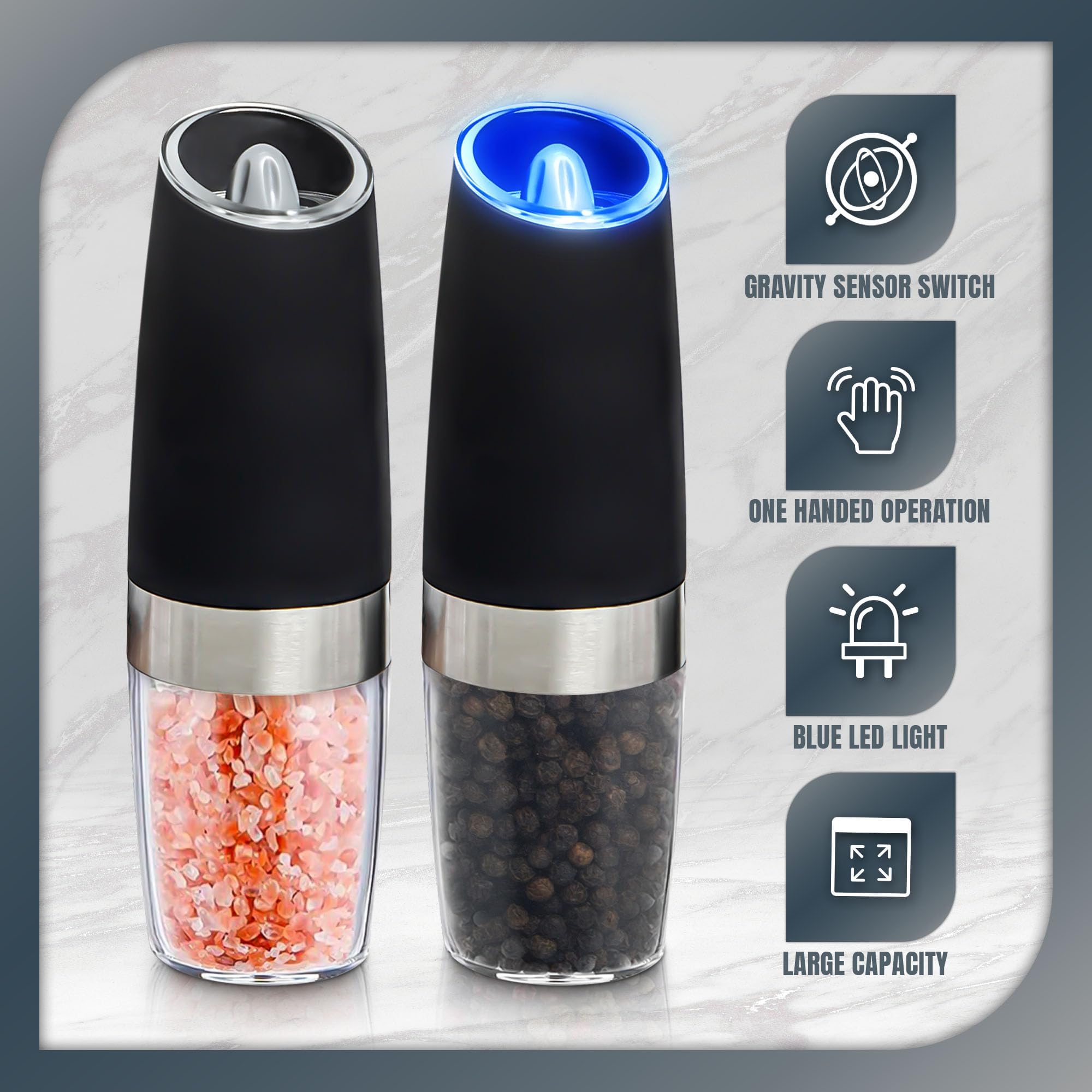 Gravity Electric Salt and Pepper Grinder Gift Set With Black Peppercorns, Himalayan Pink Salt, Adjustable Grind - House Warming Gifts Unique Kitchen Gadget Dad Mom Gifts Christmas Gift Box Mothers Day