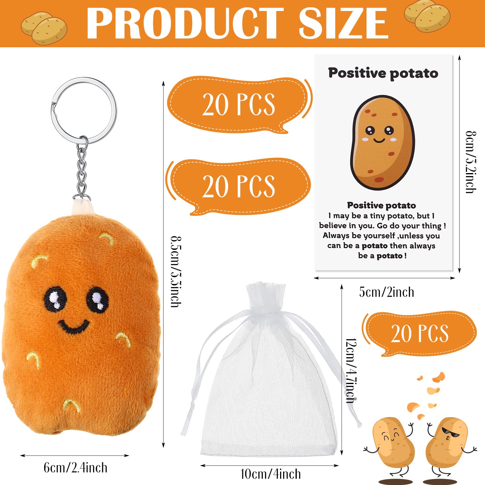 JaGely 20Set Inspirational Potato Bulk Employee Appreciation Gift Positive Potato Keychain with Organza Bag Funny Positive Card Motivational Easter Gift for Adult Coworker Staff Student Teacher Office