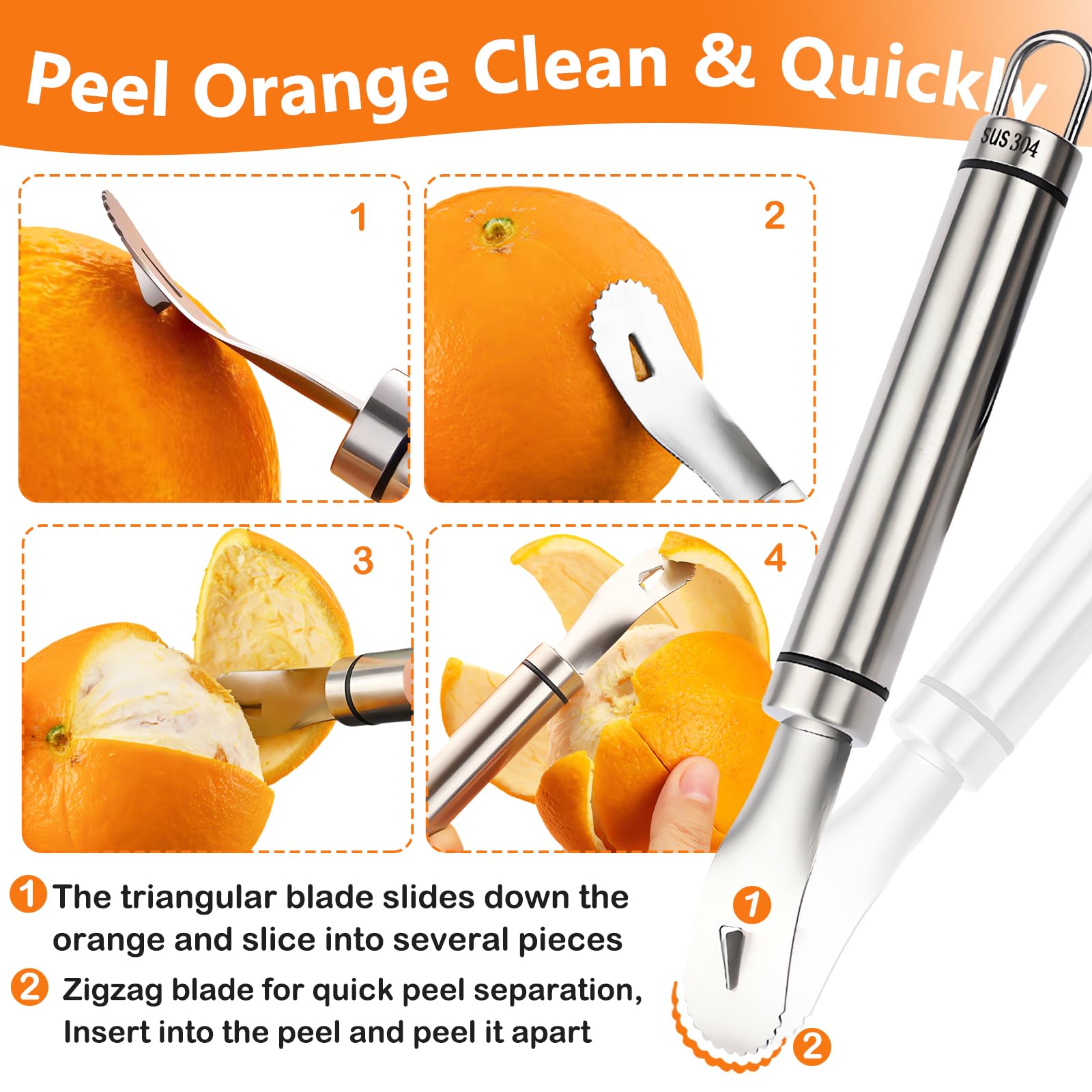 Stainless Steel Orange Peeler | Easy to Peel | Long Handle Orange Citrus Peeler Tool | Triangular-Blade & Zigzag-Shovel Orange Peeler Gadget