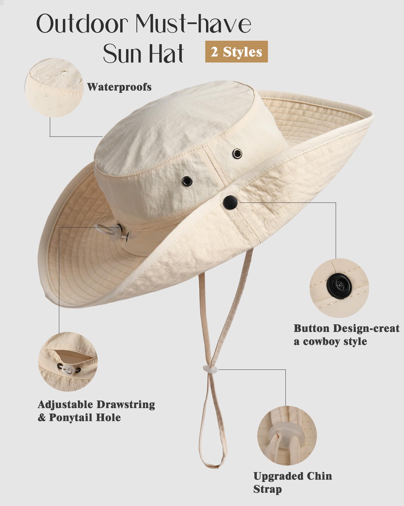 FURTALK Sun Hats for Women Ponytail UV Protection Summer Hat Wide Brim Packable UPF50 Cowboy Hat Hiking Fishing Hats Beige