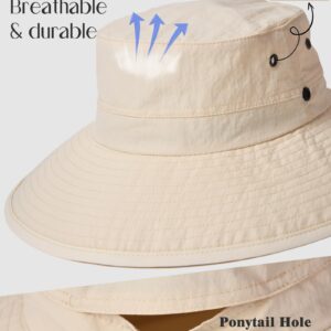 FURTALK Sun Hats for Women Ponytail UV Protection Summer Hat Wide Brim Packable UPF50 Cowboy Hat Hiking Fishing Hats Beige