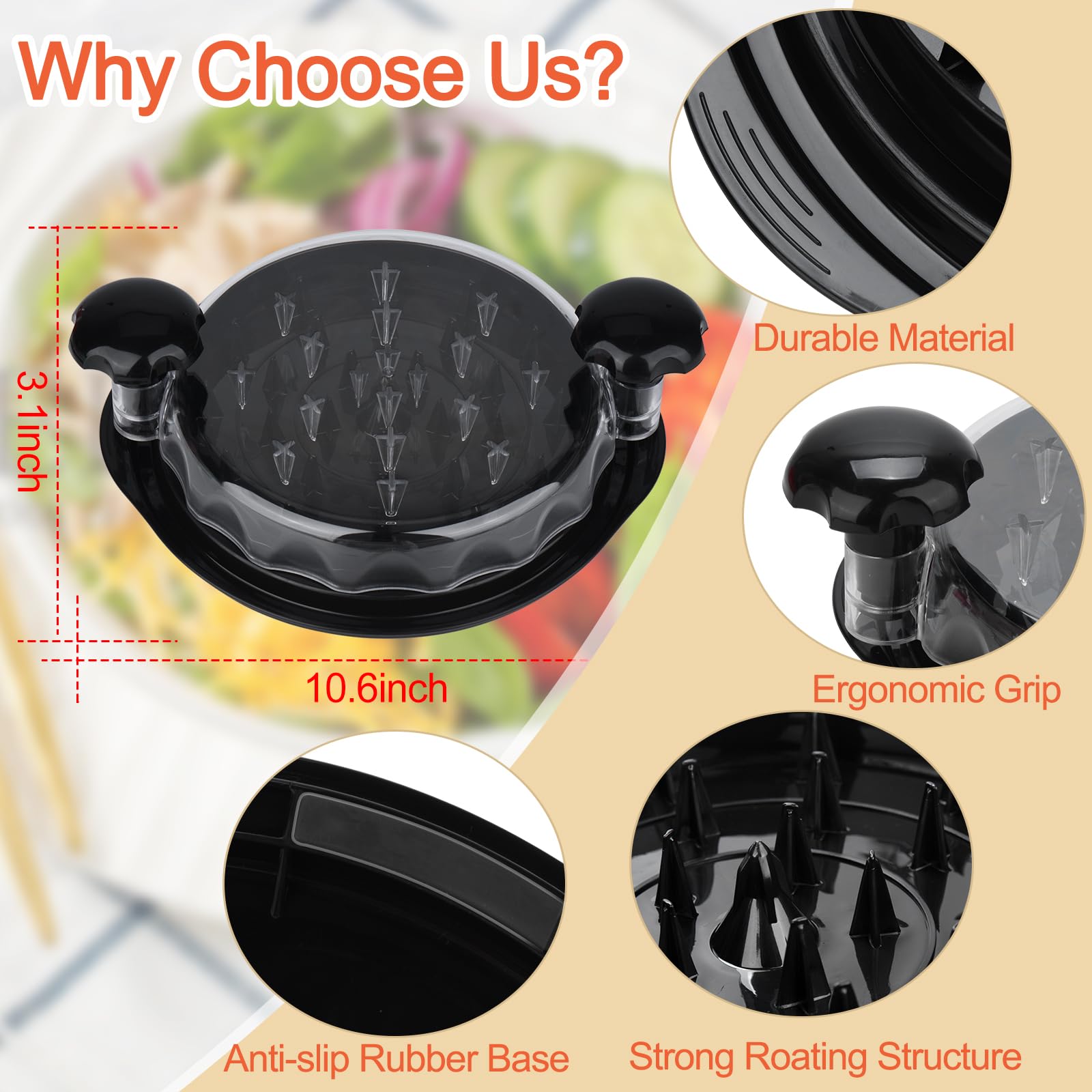 Chicken Shredder,Chicken Shredder Tool Twist Large Meat Shredder with Clear Cover and Non-Skid Base, Ergonomic Handle,Dishwasher Safe,Equipped with Pad Cloth and Brush (Black Chicken Shredder)