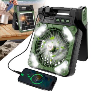 4 speeds solar battery operated fan for camping, 10000mah portable rechargeable desk fan with led light & timing function, folding usb charger port camping fan power bank for home office car outdoor