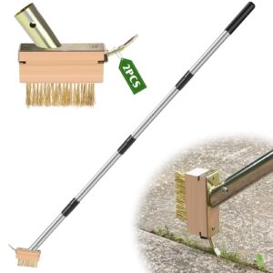 crack weeder, manual crevice weeding tool, moss weed remover puller tool grout brush with adjustable stainless steel long handle for deck, paver, patio, walkway, driveway crack - 2 weed brush heads