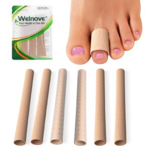 welnove toe tubes sleeves protectors - 6 pack toe cushions for pain relief - fabric & breathable gel lining toe protectors for corns, calluses, blisters (medium size)