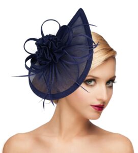 dressfan fascinator hat headpiece womens vintage wedding headband derby hat,20s 50s mesh feather flower hair clips headwear for kentucky derby/wedding/cocktail/tea party,navy blue