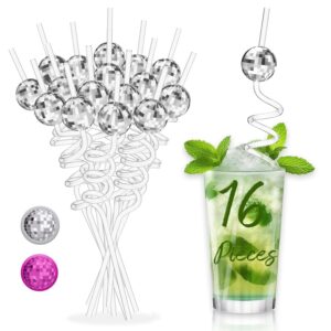 16pcs disco party decorations, mini disco ball decor reusable straw, 70s disco ball straws for bachelorette party decorations birthday supplies (silver)