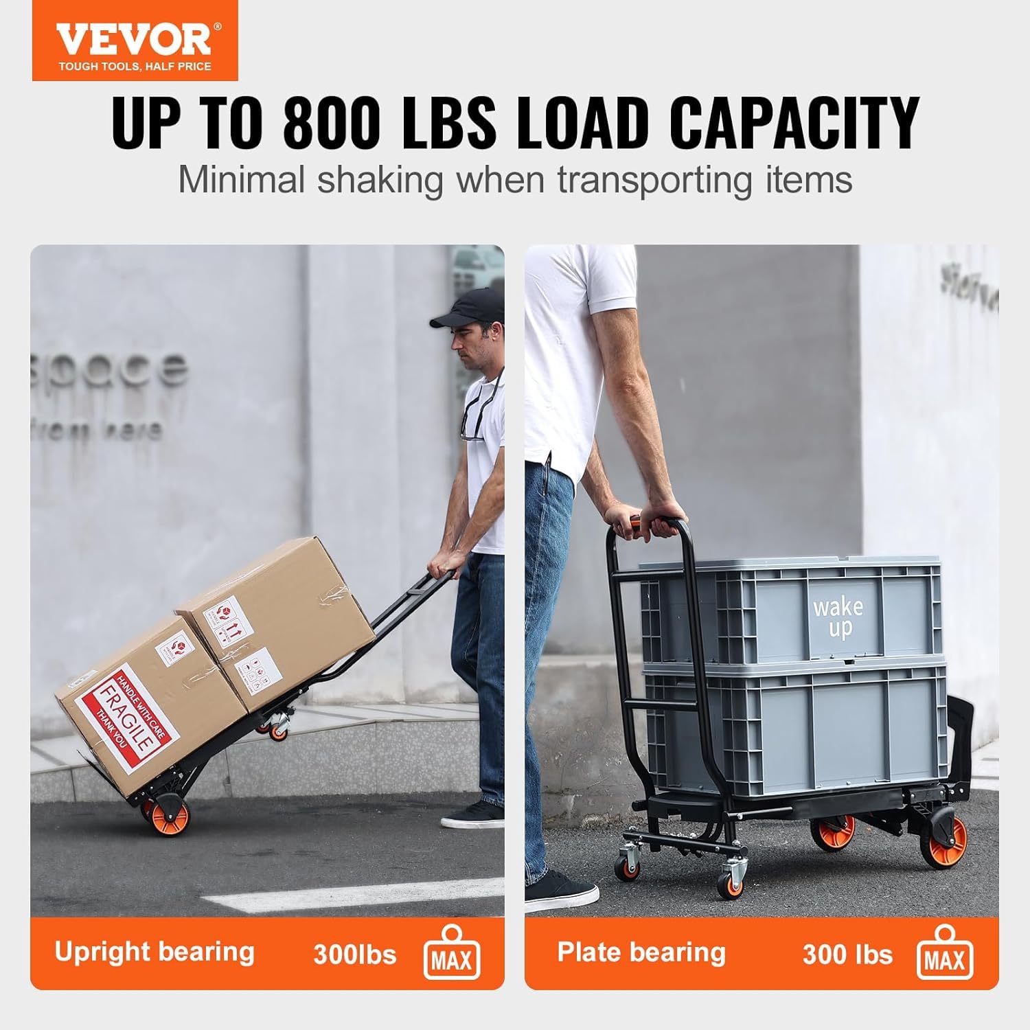 VEVOR Aluminum Folding Hand Truck, 2 in 1 Design 300 Lbs Capacity, Heavy Duty Industrial Collapsible cart, Dolly Cart with Rubber Wheels for Transport and Moving in Warehouse, Supermarket, Garden