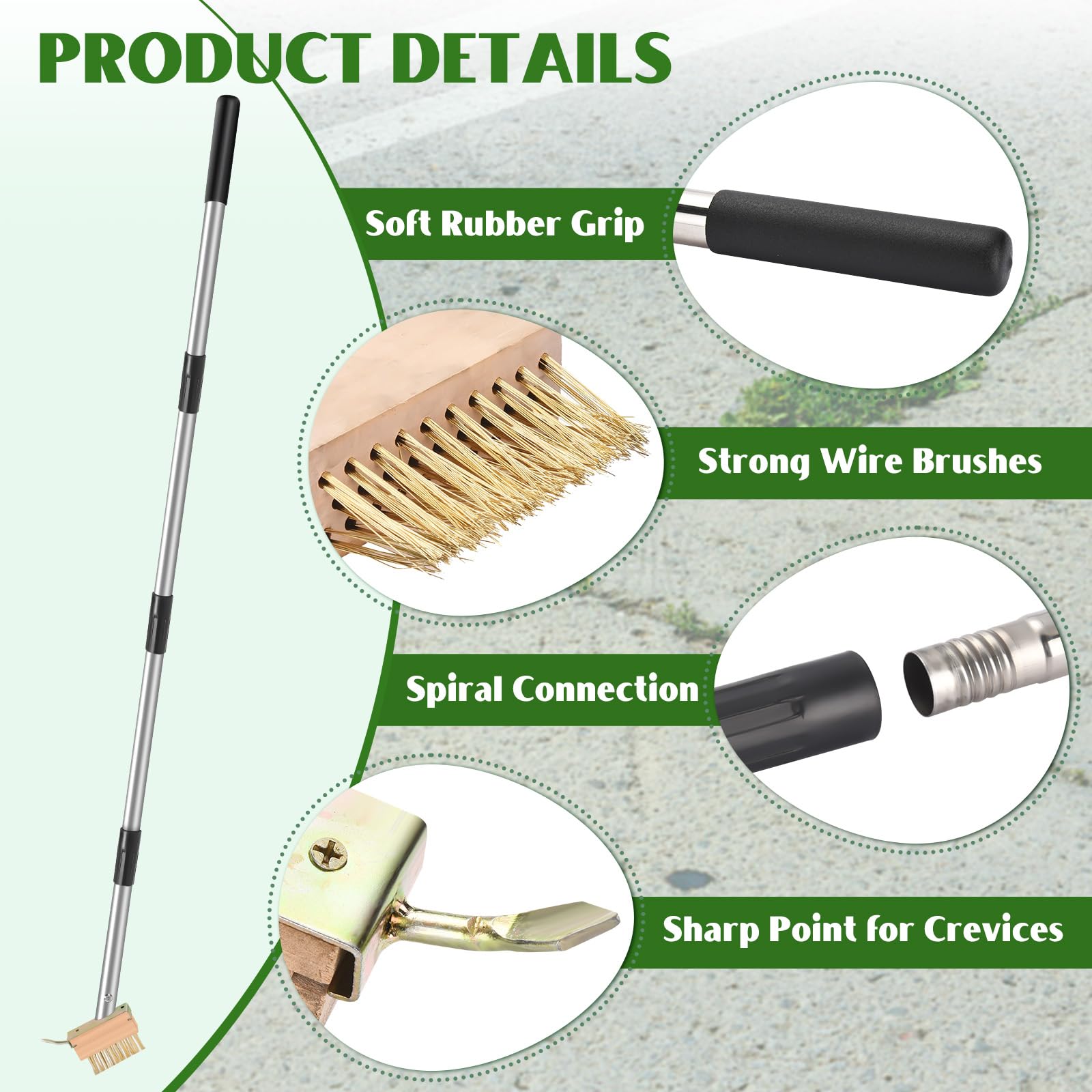 Crack Weeder, Manual Crevice Weeding Tool, Moss Weed Remover Puller Tool Grout Brush with Adjustable Stainless Steel Long Handle for Deck, Paver, Patio, Walkway, Driveway Crack - 2 Weed Brush Heads