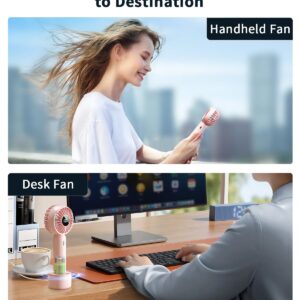 Handheld Fan with 𝗪𝗶𝗿𝗲𝗹𝗲𝘀𝘀 Charging Base, 3 Speeds Portable Fan with Digital Display, 2000mAh Battery Operated Hand Held Fan, Handheld/Desk 2 in 1 Personal Fan Lash Fan Makeup Fan (Pink)