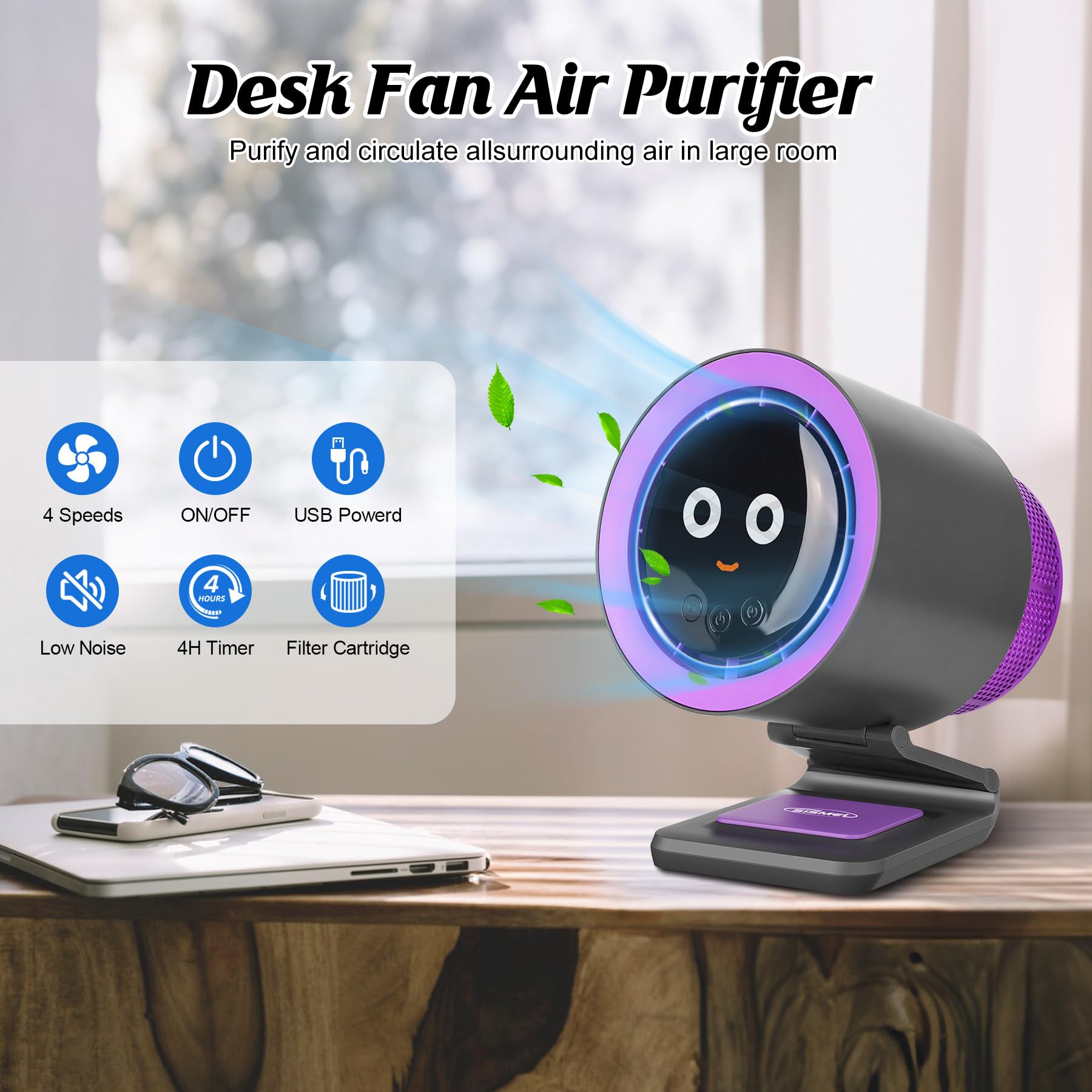 SISMEL Desk Fan,Portable Fan 9.06 Inch Small Fan,Cooling Fan with Air Purifier,Personal Fan with Four Different Emotions,Desk Fans Small Quiet,4 Speed Adjustment,Table Fan for Home, Office, Bedroom