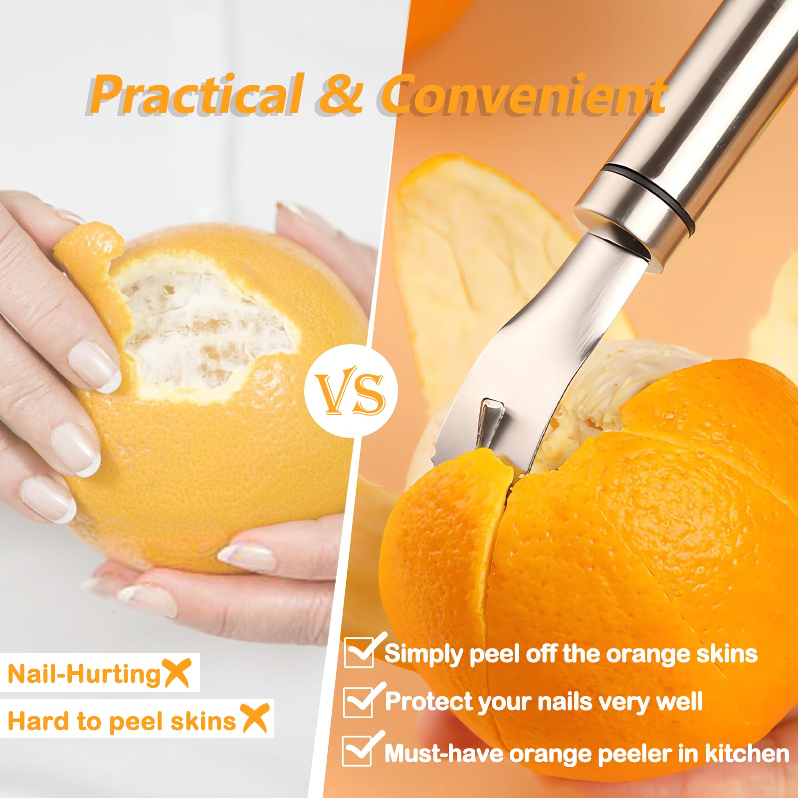 Stainless Steel Orange Peeler | Easy to Peel | Long Handle Orange Citrus Peeler Tool | Triangular-Blade & Zigzag-Shovel Orange Peeler Gadget