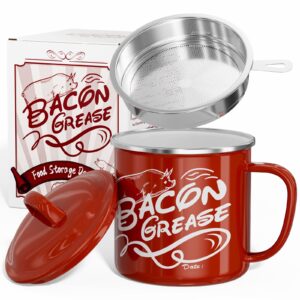 ffrwjc bacon grease saver with strainer - 46oz bacon grease container for kitchen, large enamel stainless steel oil container for bacon fat dripping, farmhouse kitchen decor, dishwasher safe (red)