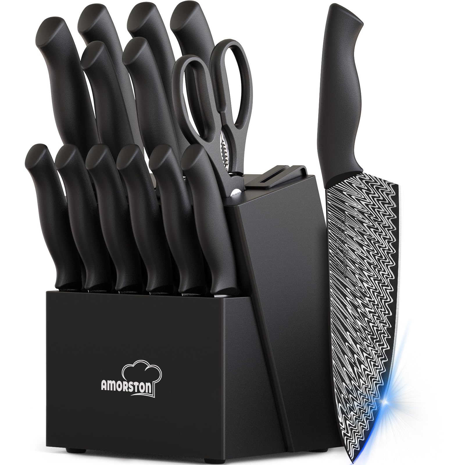 Knife Set, 15 Pieces Kitchen Knife Set with Built in Knife Sharpener Block