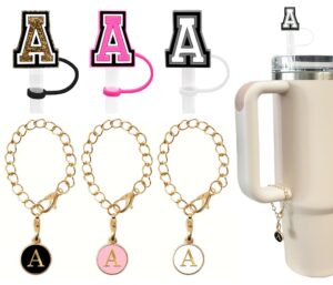 （3 +3) 3pcs nuozme straw cover 10mm for stanley tumbler cup reusable straw cap topper with 3 initial letter charms accessories name id personalized handle charm for stanley 30&40 oz cup tumbler