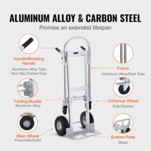 VEVOR Aluminum Folding Hand Truck, 2 in 1 Design 1000 lbs Capacity, Heavy Duty Industrial Collapsible cart, Dolly Cart with Rubber Wheels for Transport and Moving in Warehouse, Supermarket, Garden