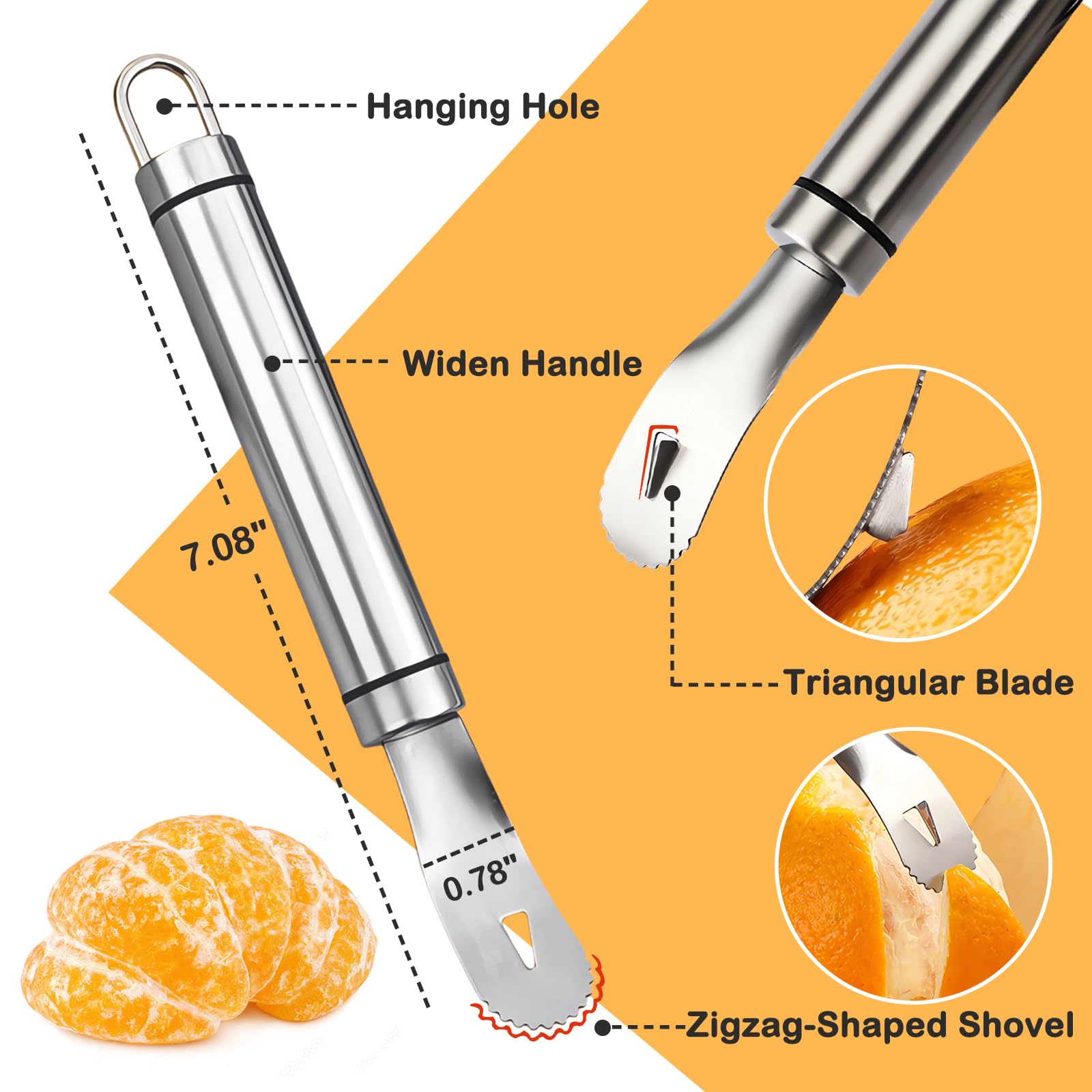 Stainless Steel Orange Peeler | Easy to Peel | Long Handle Orange Citrus Peeler Tool | Triangular-Blade & Zigzag-Shovel Orange Peeler Gadget